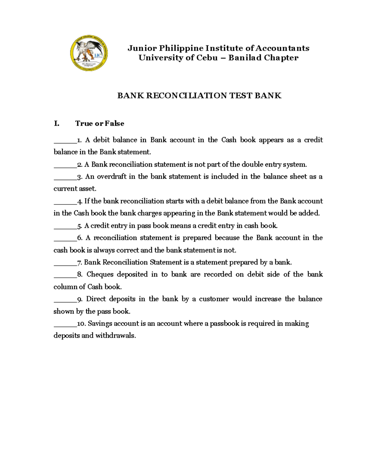 Bank Reconciliation Test Bank - True/False & MCQ Practice - Studocu
