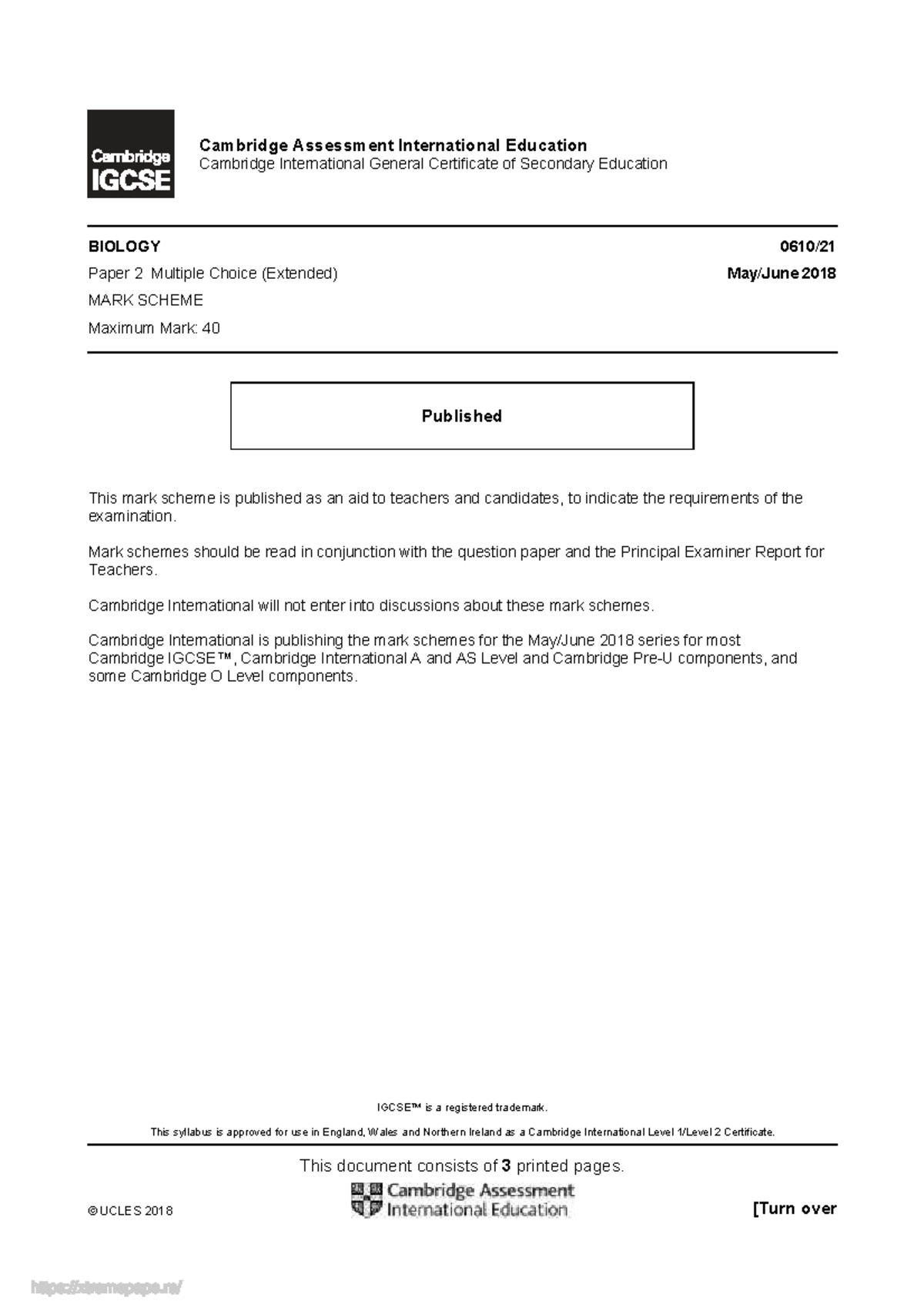 Cambridge IGCSE BIOLOGY 0610/21 Paper 2 Mark Scheme 2018 - Studocu
