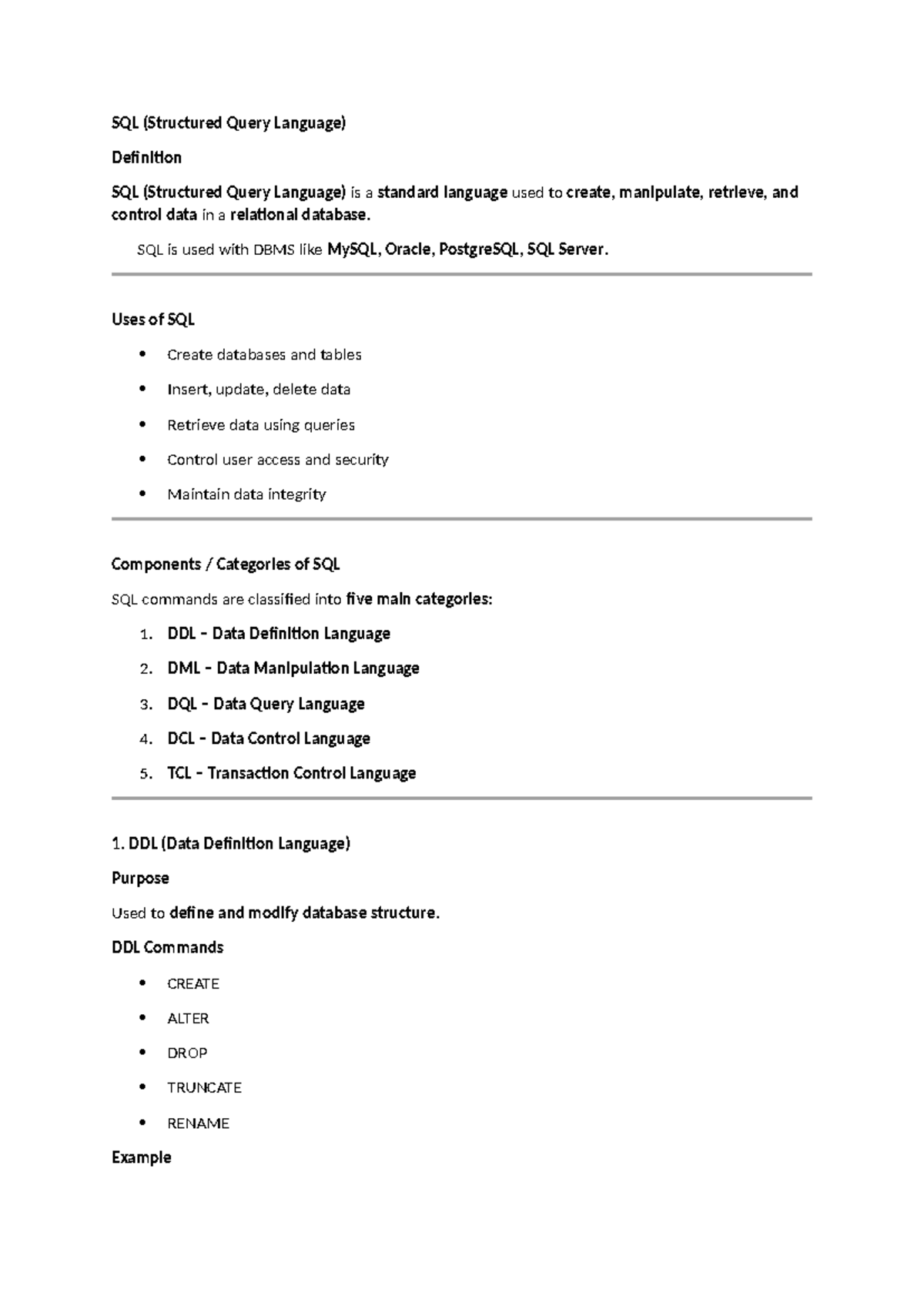 SQL (Structured Query Language) Overview and Key Concepts - Studocu