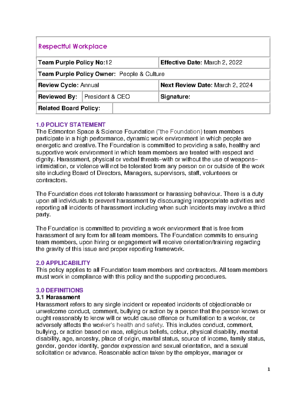 Respectful Workplace Policy No:12 - Team Purple Guidelines - Studocu