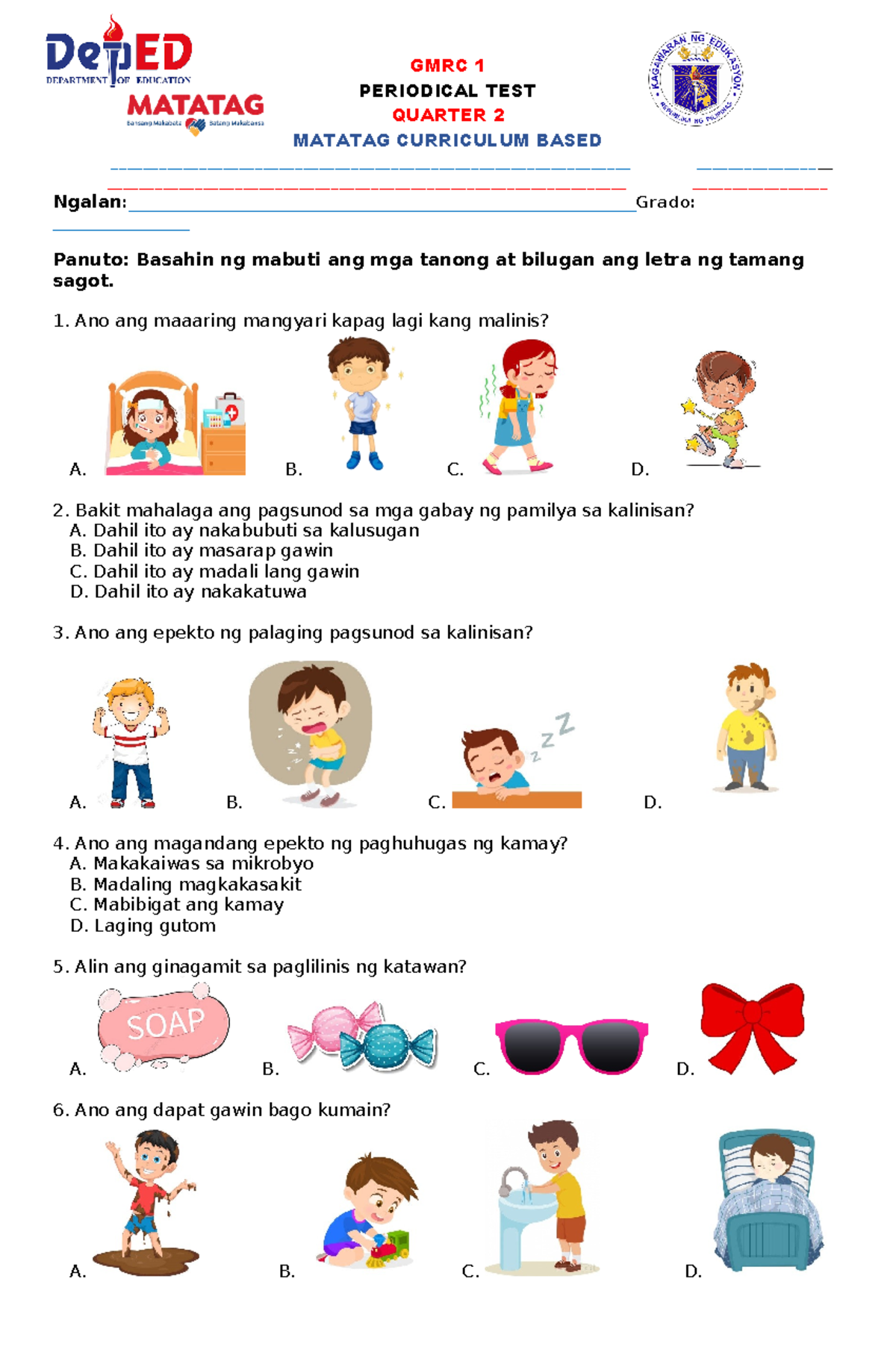 PT Grade 1 Matatag GMRC 1 - GMRC 1 PERIODICAL TEST QUARTER 2 MATATAG ...