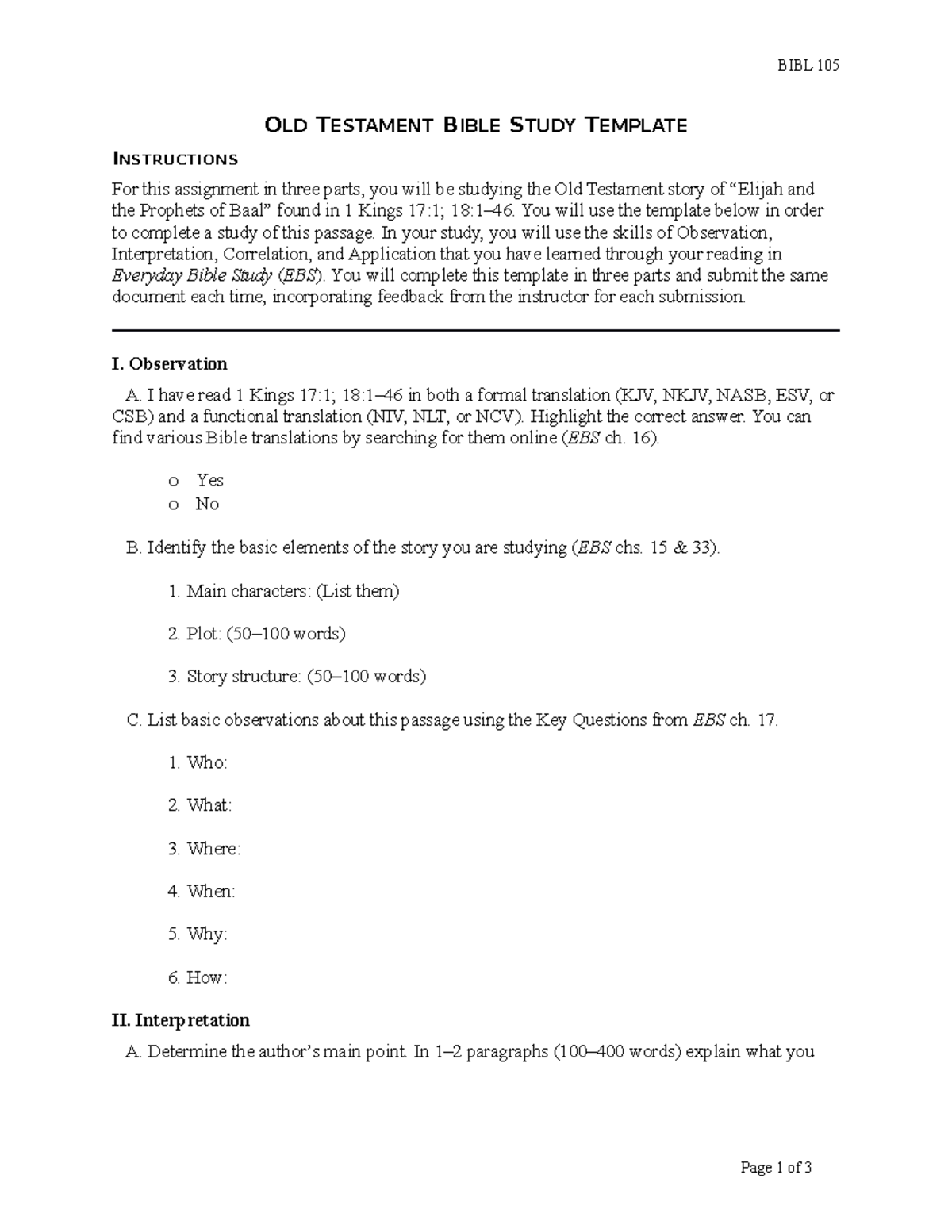BIBL 105: Old Testament Study Template on Elijah & the Prophets of Baal ...