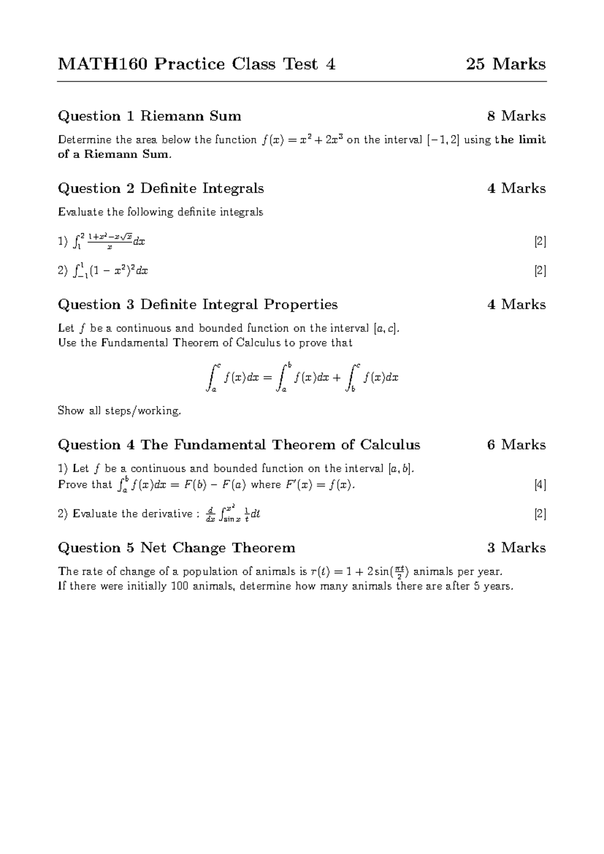 MATH160 Practice Class Test 4: Riemann Sums & Integrals Analysis - Studocu