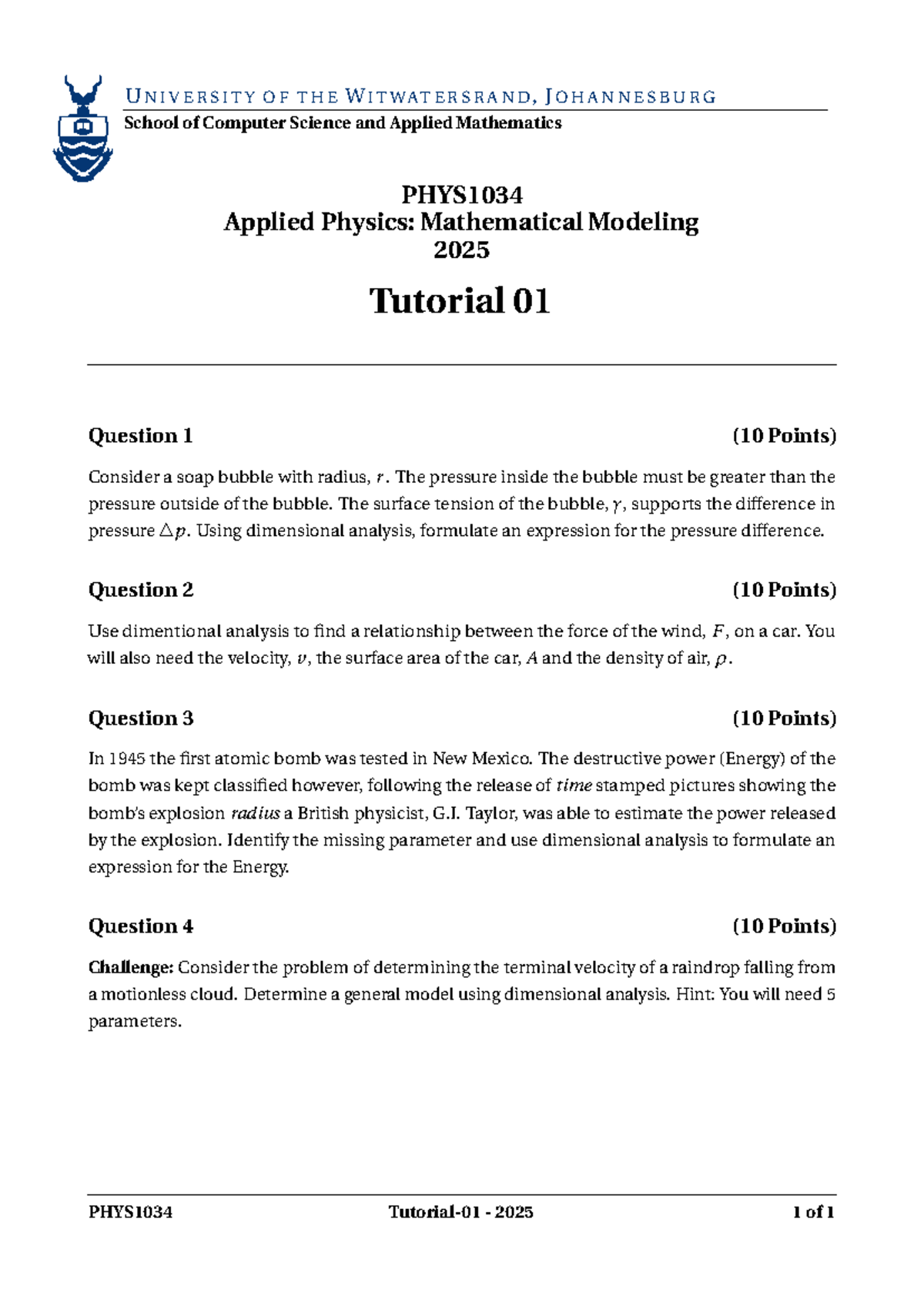 PHYS1034 2025 Tutorial 01: Dimensional Analysis in Applied Physics - Studocu