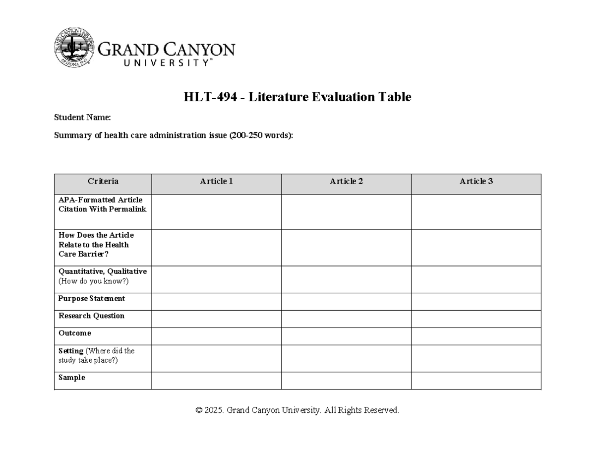 HLT 494 RS T3 Literature Evaluation Table and Analysis - Studocu