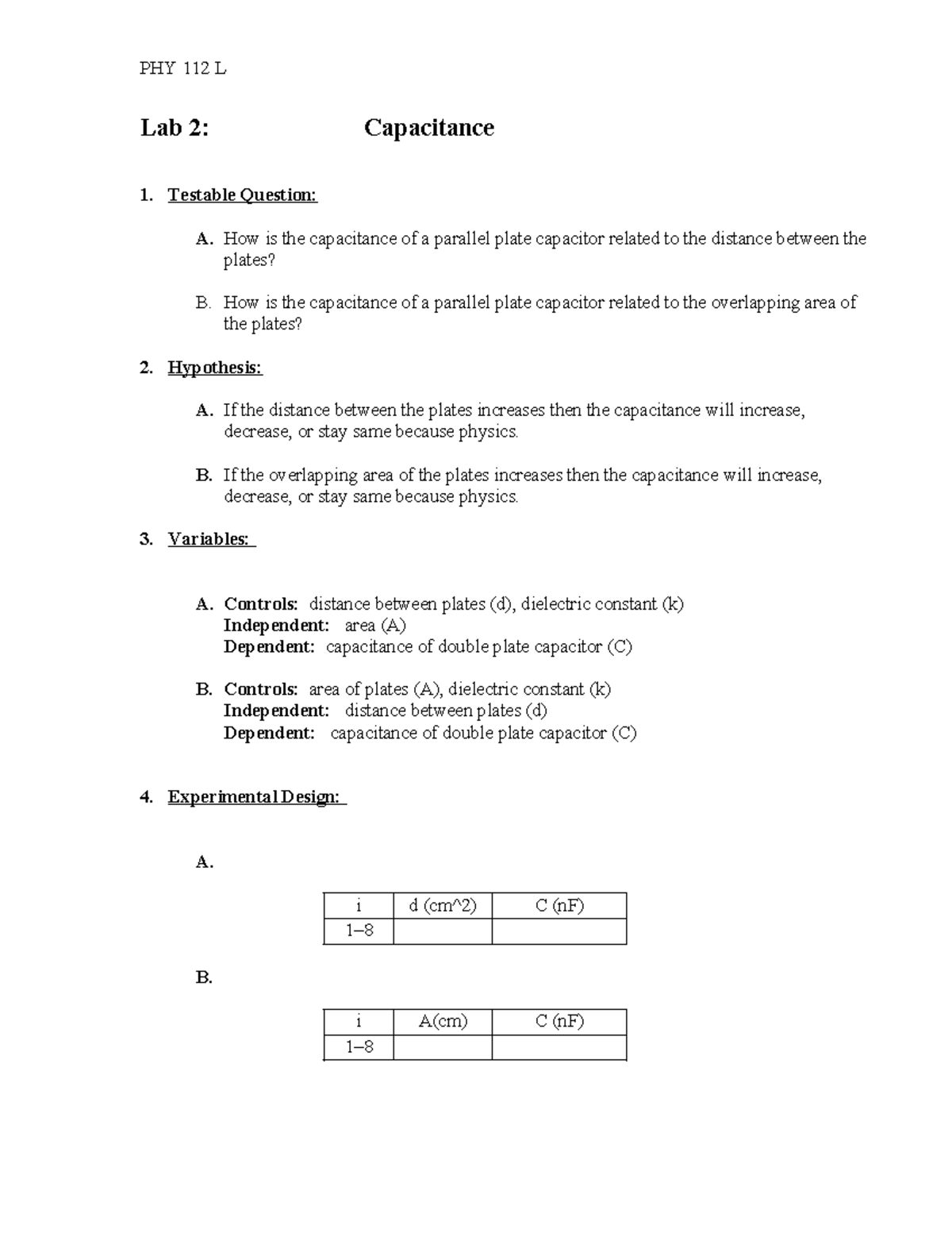 Phy112l Lab02 Capacitance 3 - Lab 2: Capacitance Testable Question: A ...
