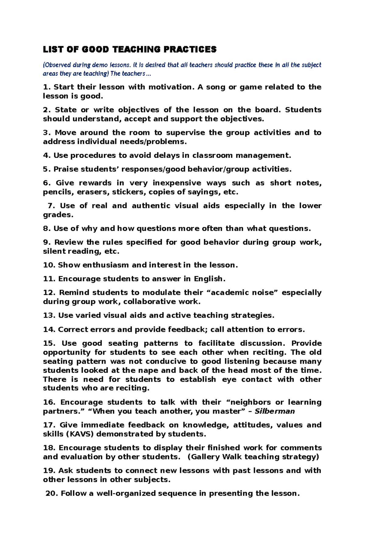 LIST OF GOOD TEACHING PRACTICES: Effective Strategies for Educators ...