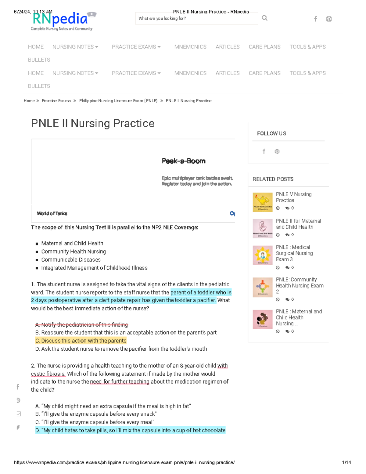 PNLE II Nursing Practice Questions for Maternal and Child Health - Studocu