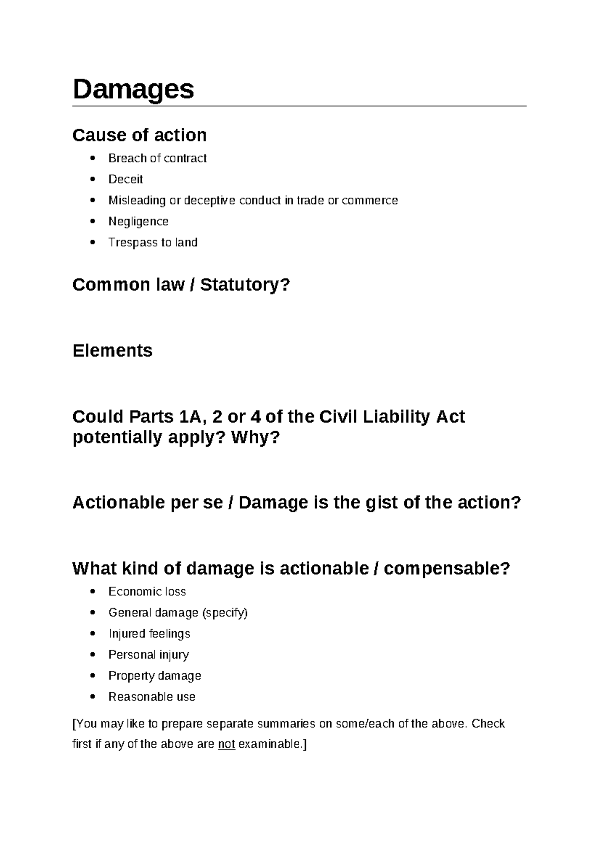 Damages: Causes of Action and Legal Principles - Studocu