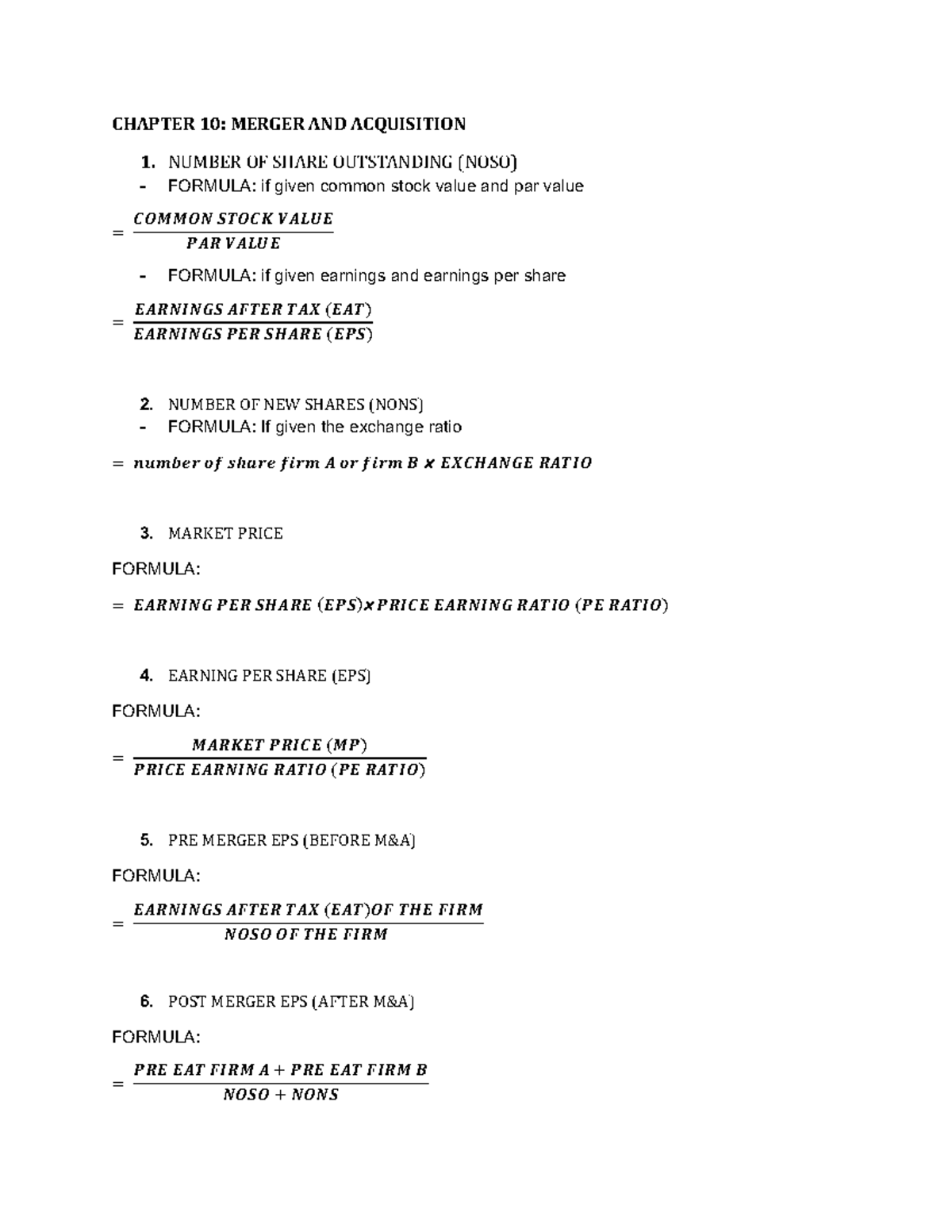 CHAPTER 10: MERGER AND ACQUISITION FORMULAS & CALCULATIONS - Studocu