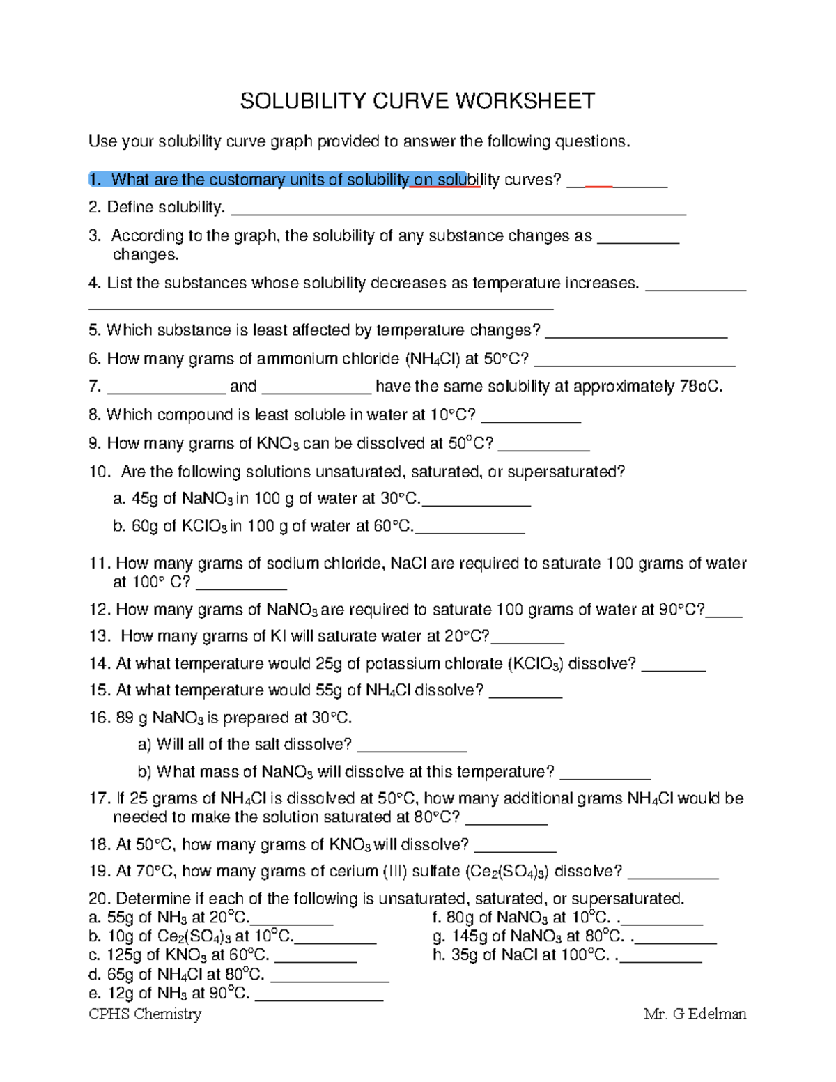 G7 -solubility and solubility curve revision worksheet - CPHS Chemistry Mr. G Edelman SOLUBILITY ...