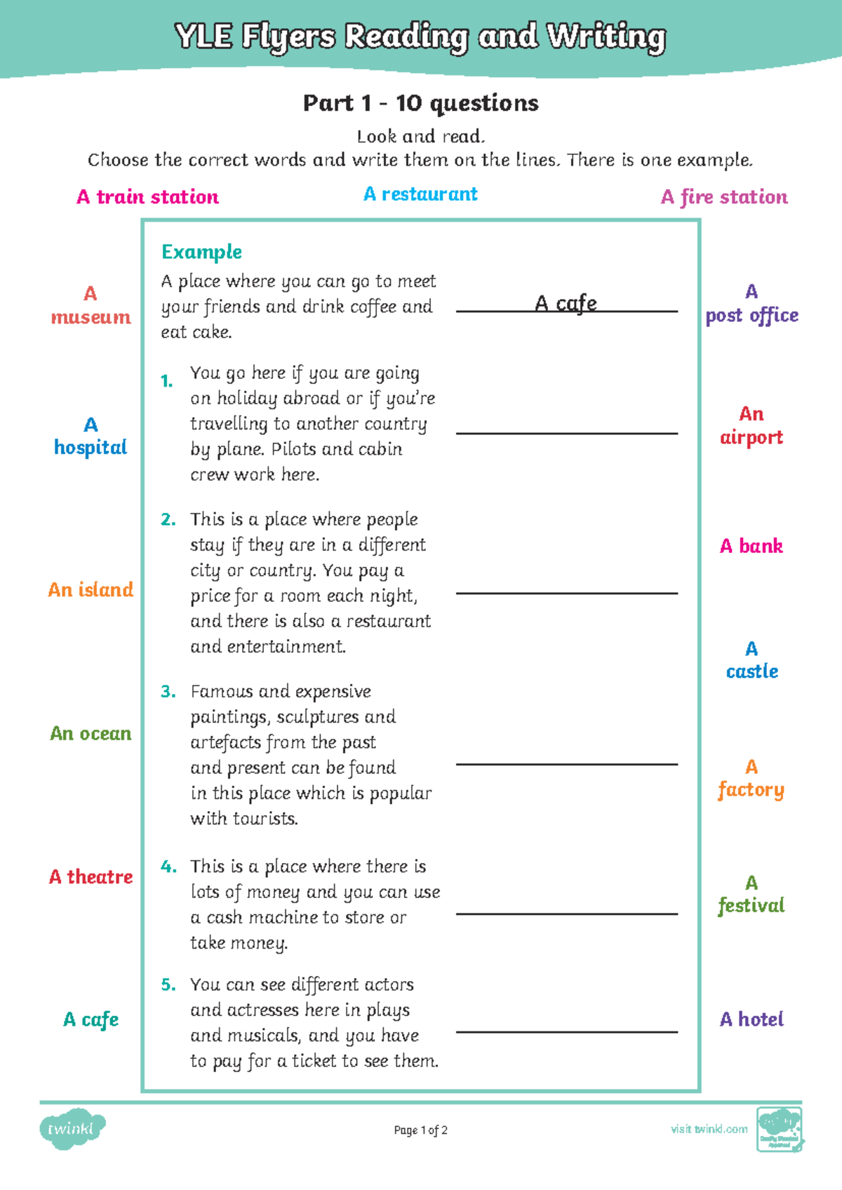 YLE Flyers Reading & Writing Part 1: Places Worksheet for Kids A2 - Studocu
