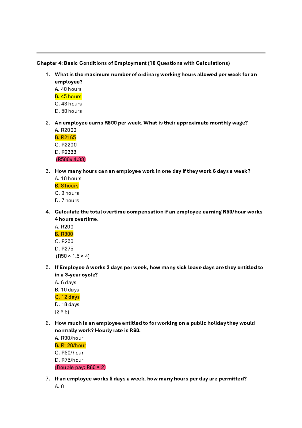 JHLV101: Practice Questions & Formulas on Basic Employment Conditions ...