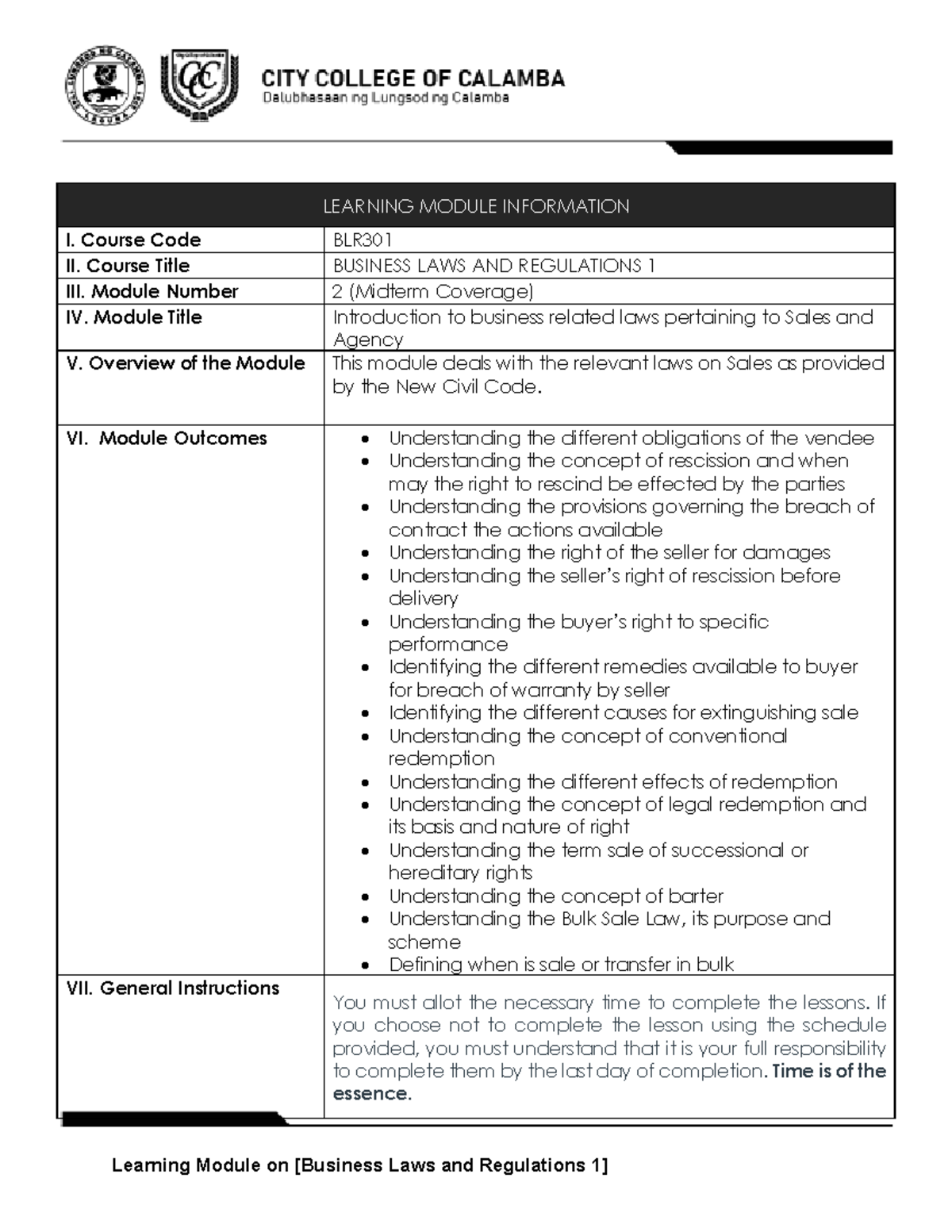 BL301- Midterm - law module - LEARNING MODULE INFORMATION I. Course ...