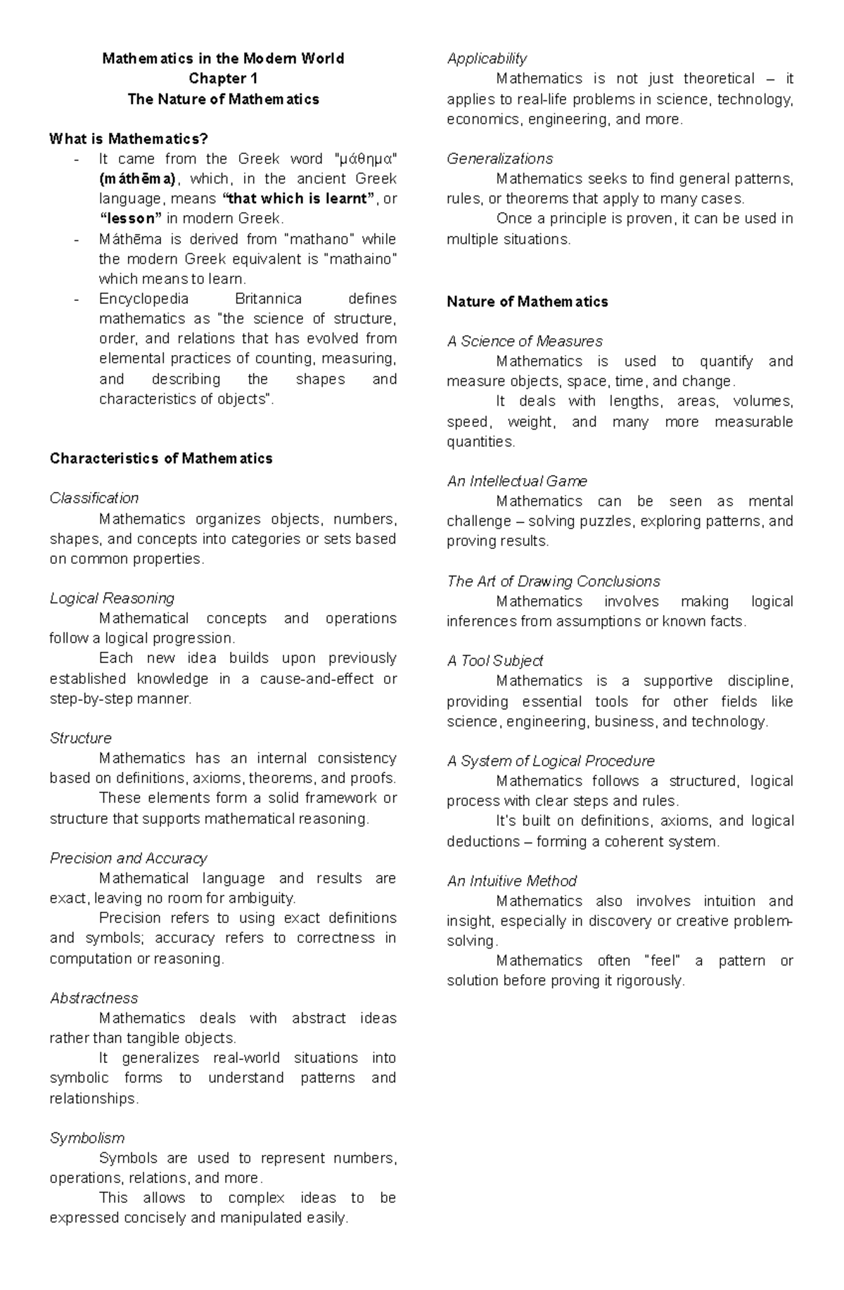 Mathematics in the Modern World HO1: Chapter 1 Overview and Concepts ...