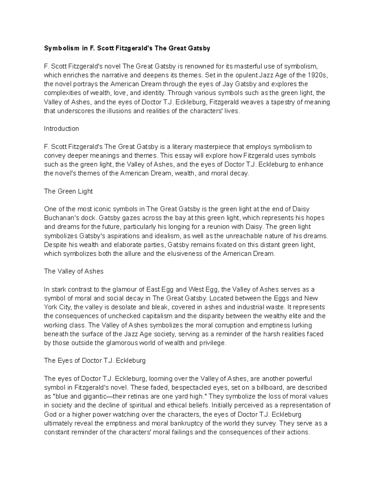 Symbolism in F. Scott Fitzgerald's The Great Gatsby - Symbolism in F ...