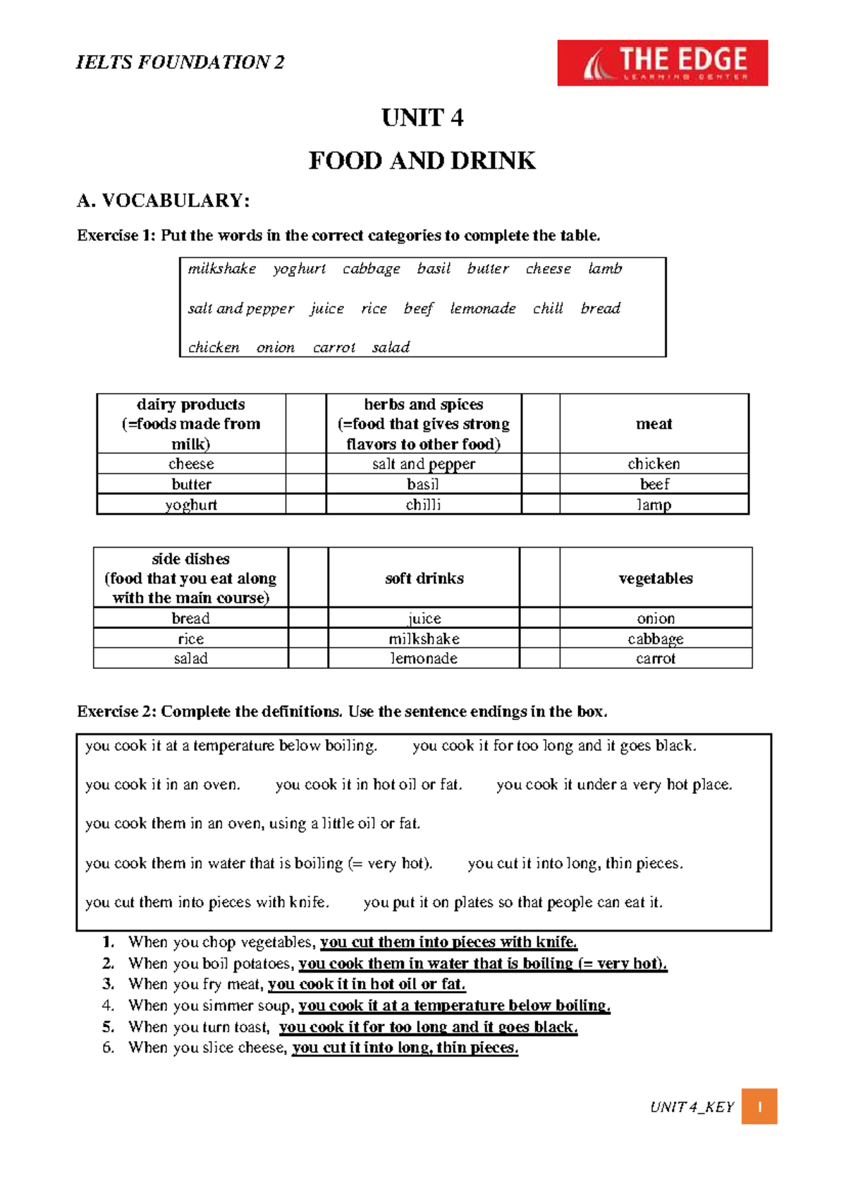 IELTS FOUNDATION 2 UNIT 4: FOOD AND DRINK VOCABULARY EXERCISES - Studocu