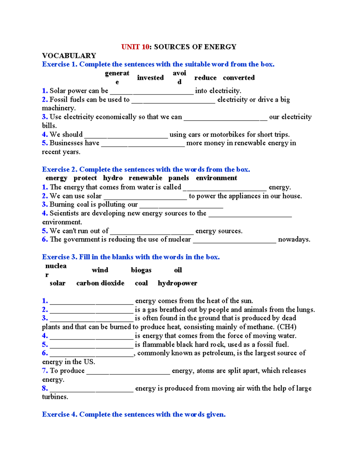 Unit 10: Energy Sources Vocabulary Exercises and Activities - Studocu