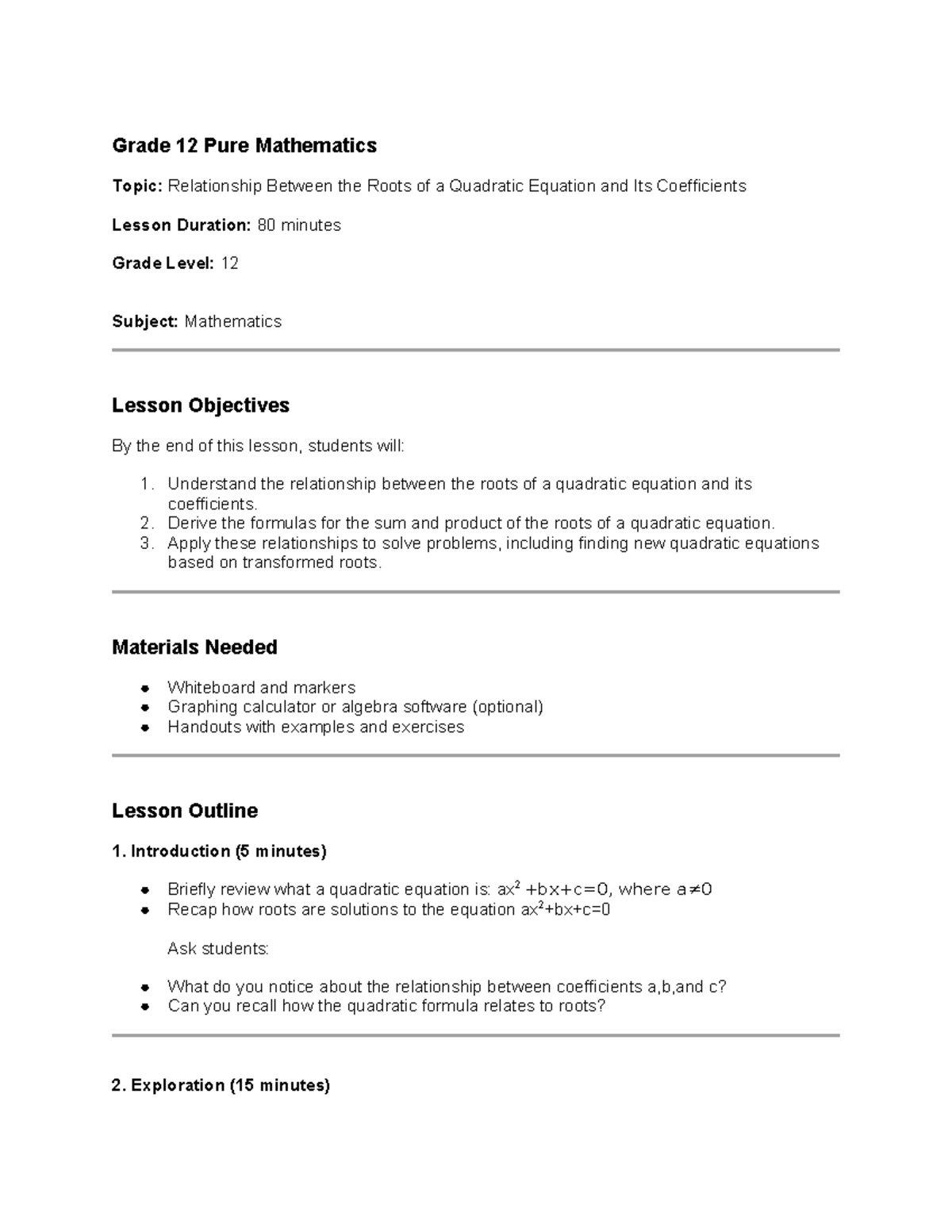 Pure math Lesson Plan - Grade 12 Pure Mathematics Topic: Relationship ...