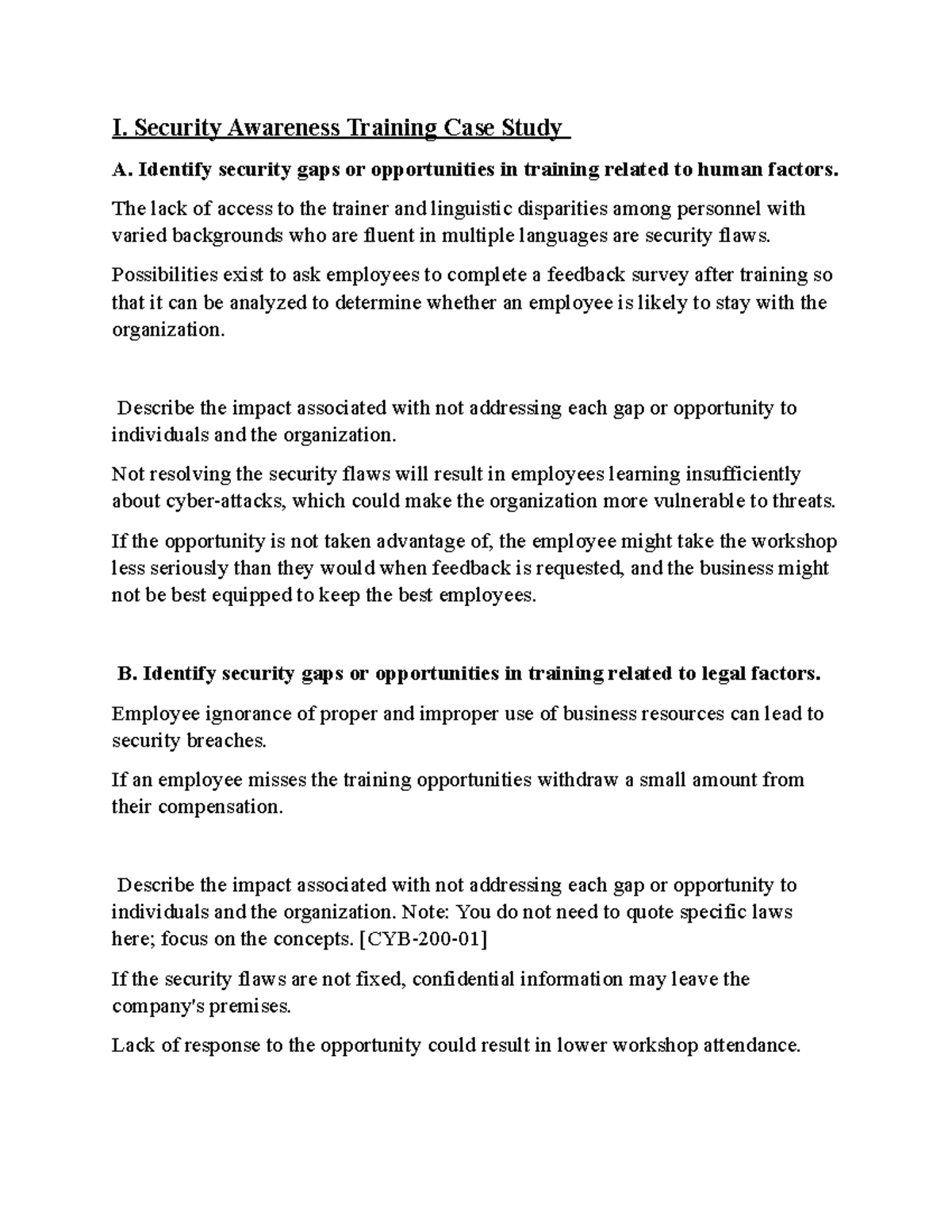 6 1 CYB-200-01 Security Awareness Training Case Study Report - Studocu