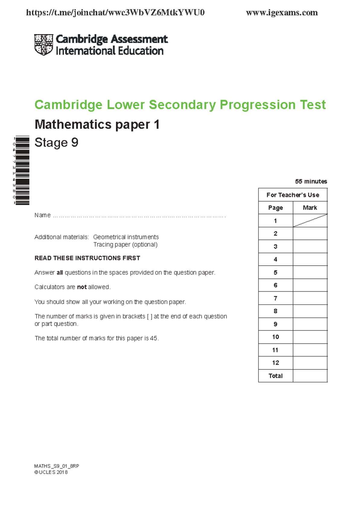 Cambridge Lower Secondary Progression Test 0477214380 Maths Stage 9 QP ...