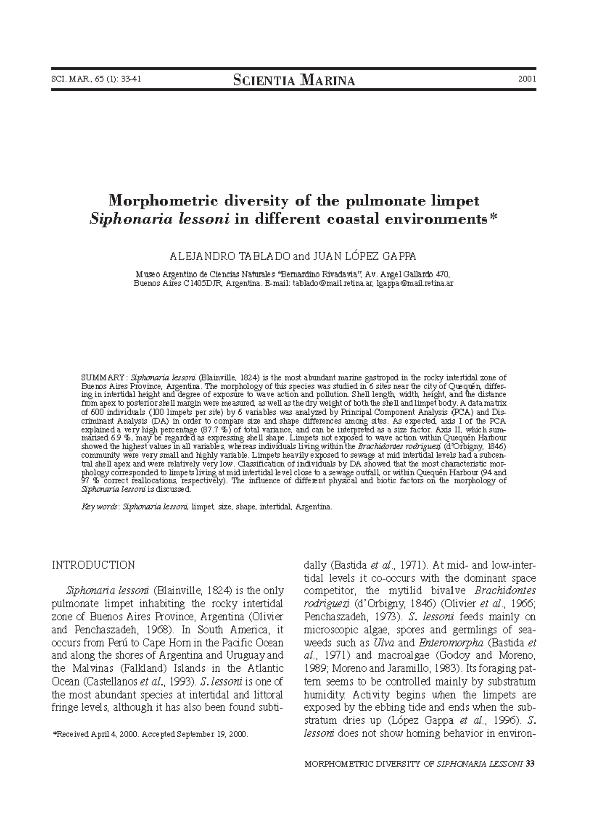 Tablado and Lopez 2001 Morphometry Siphonaria lessoni-1 - MORPHOMETRIC ...