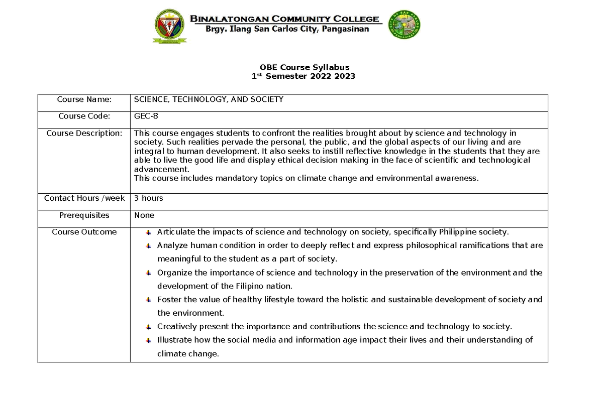 GEC-STTS-1: Science, Technology, and Society Course Syllabus 2022-2023 - Studocu