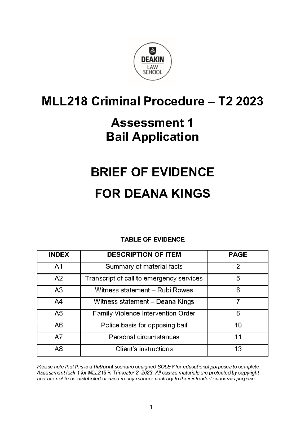 MLL218 T2 2023 Bail Application - Detailed Evidence Brief for Deana ...