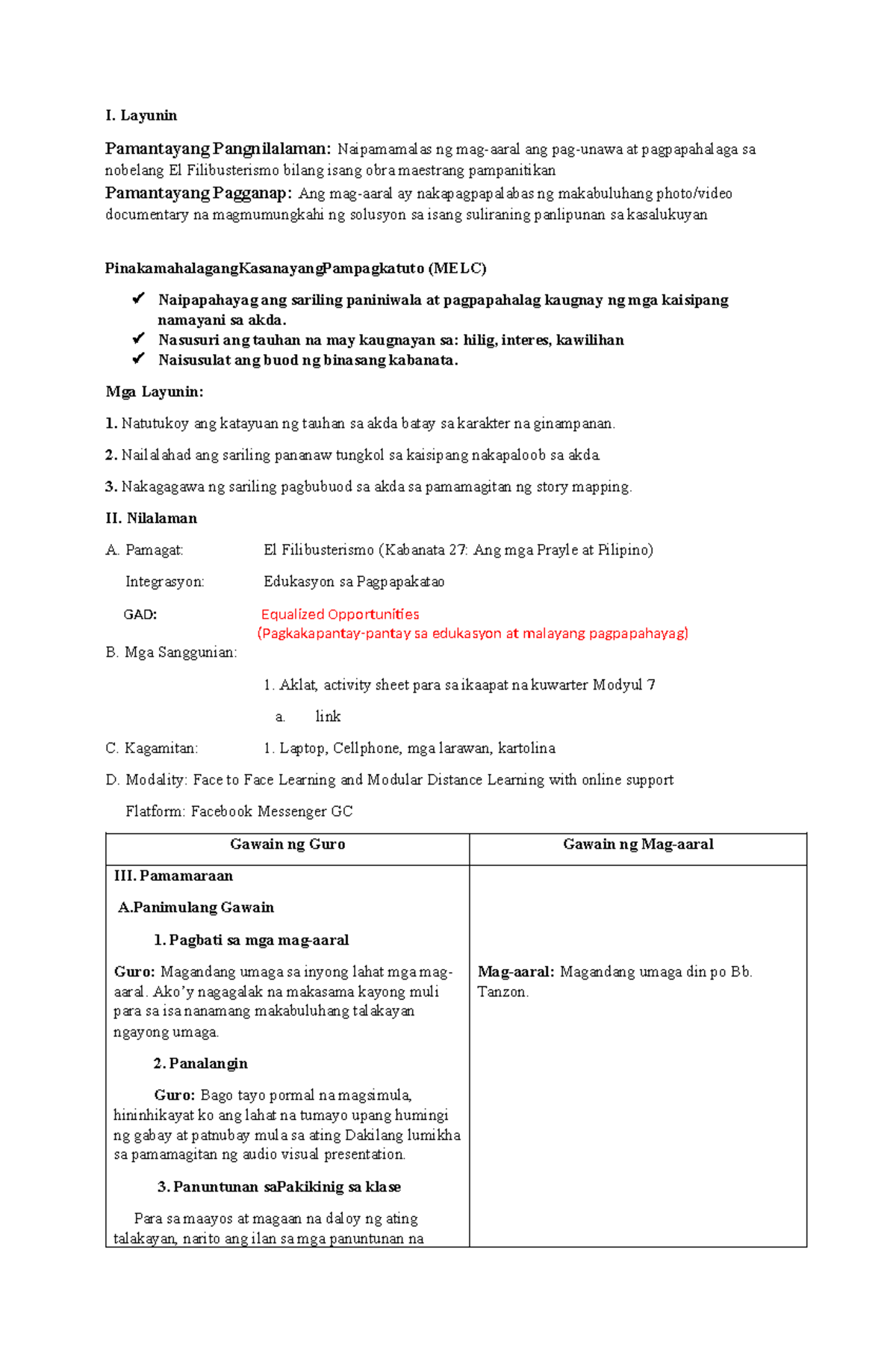 LP FOR DEMO revised - LESSON PLAN - I. Layunin Pamantayang ...