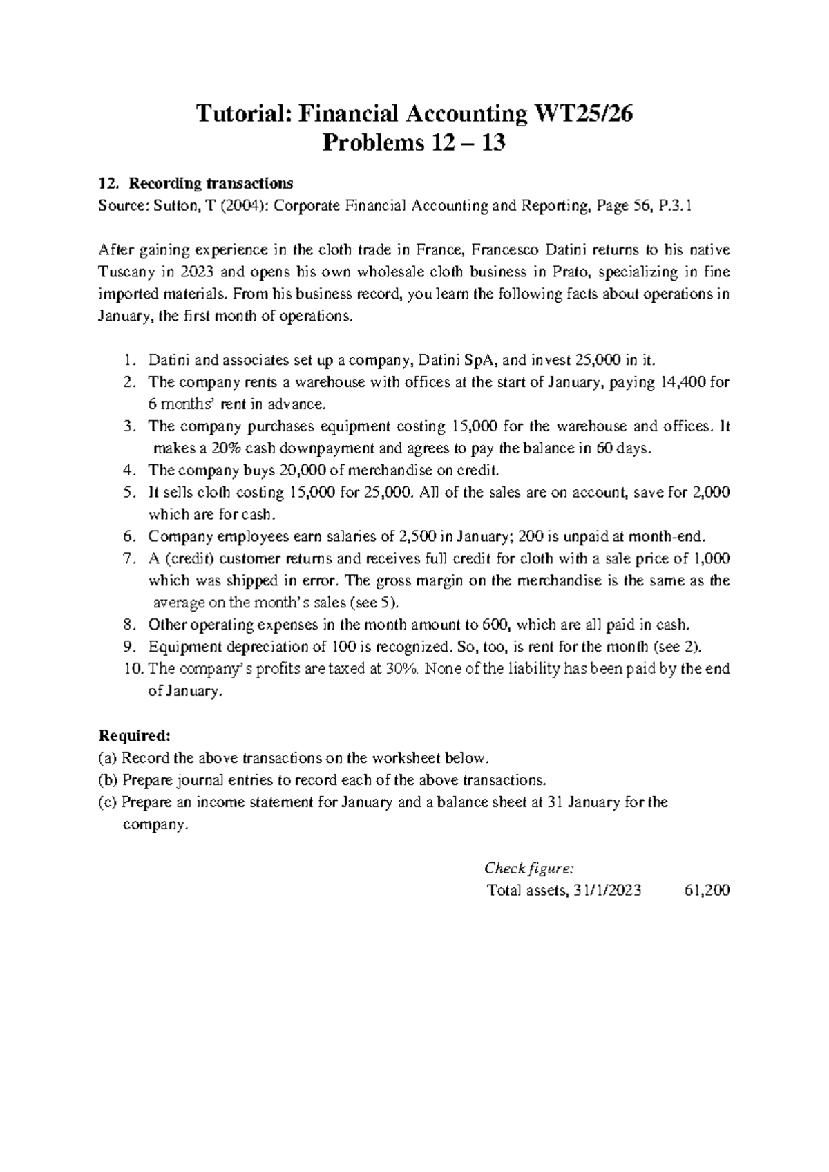 Financial Accounting Tutorial: Problems 12-13 - Datini SpA Transactions ...