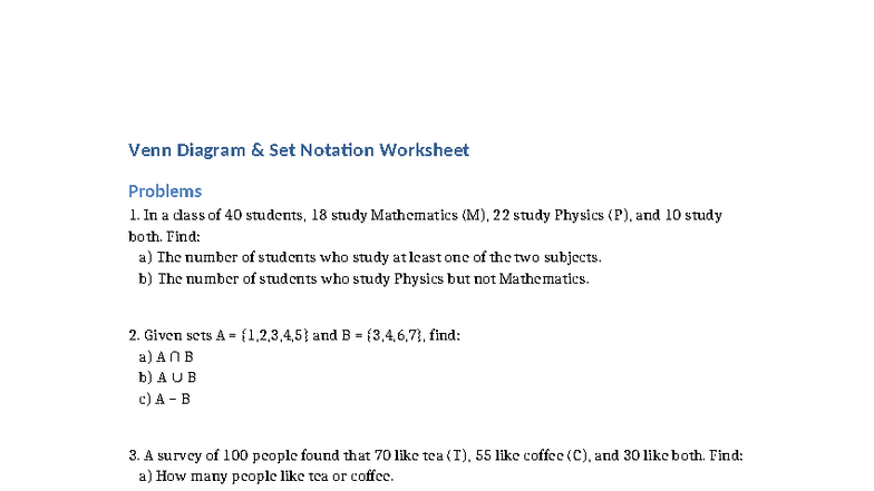 Venn Set Notation Worksheet Problems and Solutions - Studocu