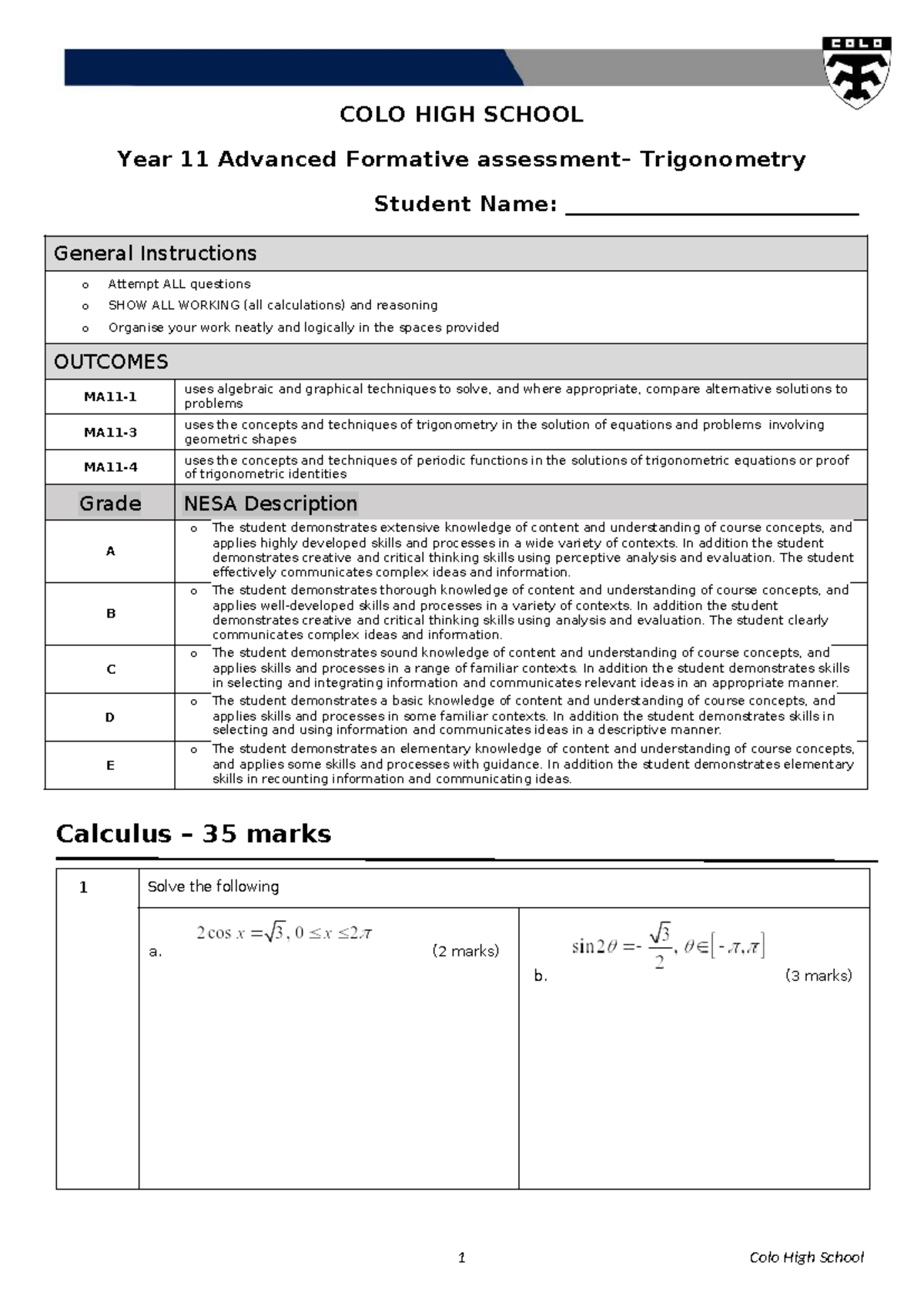 Year 11 - Formative Assessment Task - Trigonometry (COLO HIGH) - Studocu