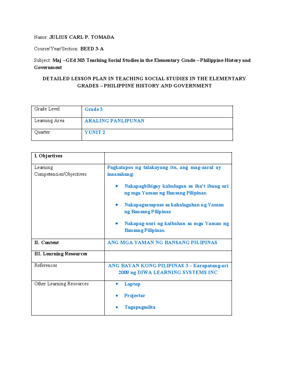 Detailed Lesson Plan: Teaching Social Studies (Maj 303) - Grade 3 - Studocu