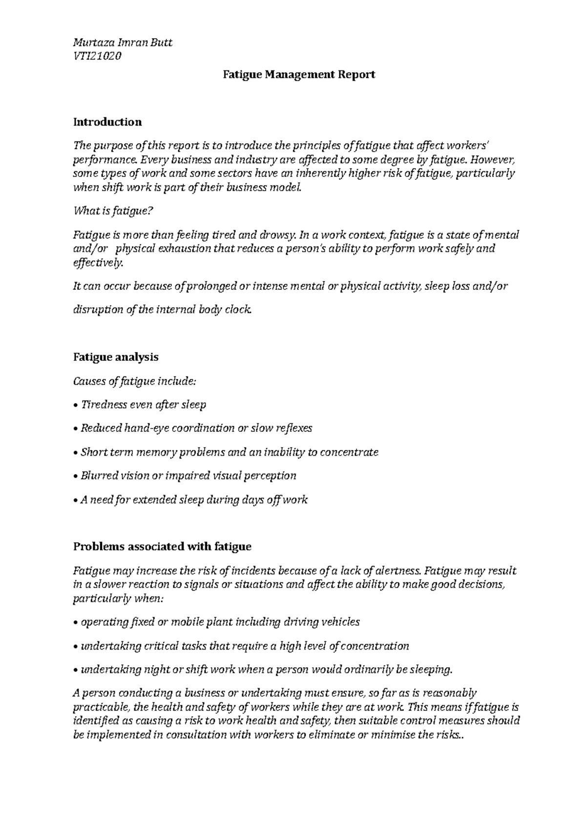 Fatigue Management Strategies Report - VTI - Studocu