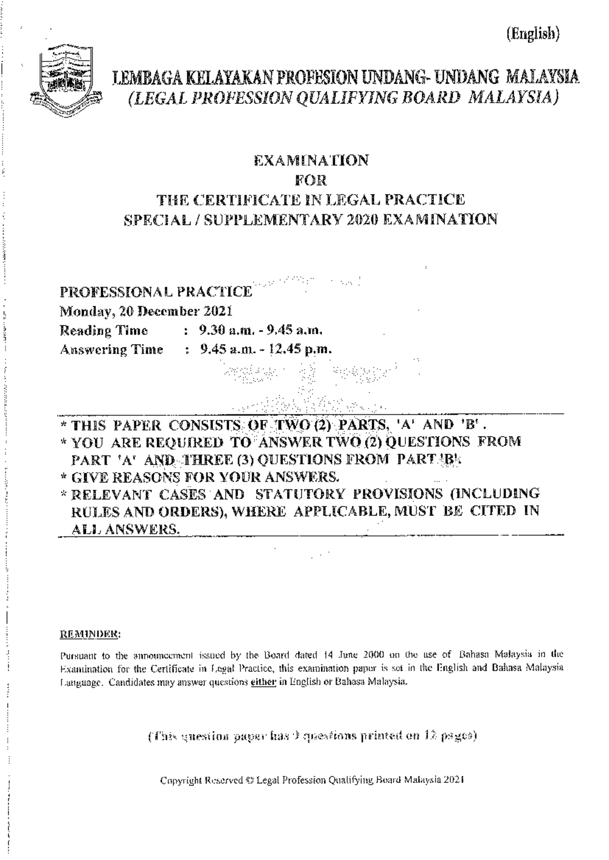 CLP Supp Exam Paper Professional Practice - Certificate of Legal ...