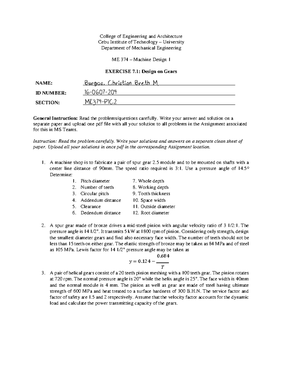 ME 374 Exercise 7: Gear Design Problems and Solutions - Studocu