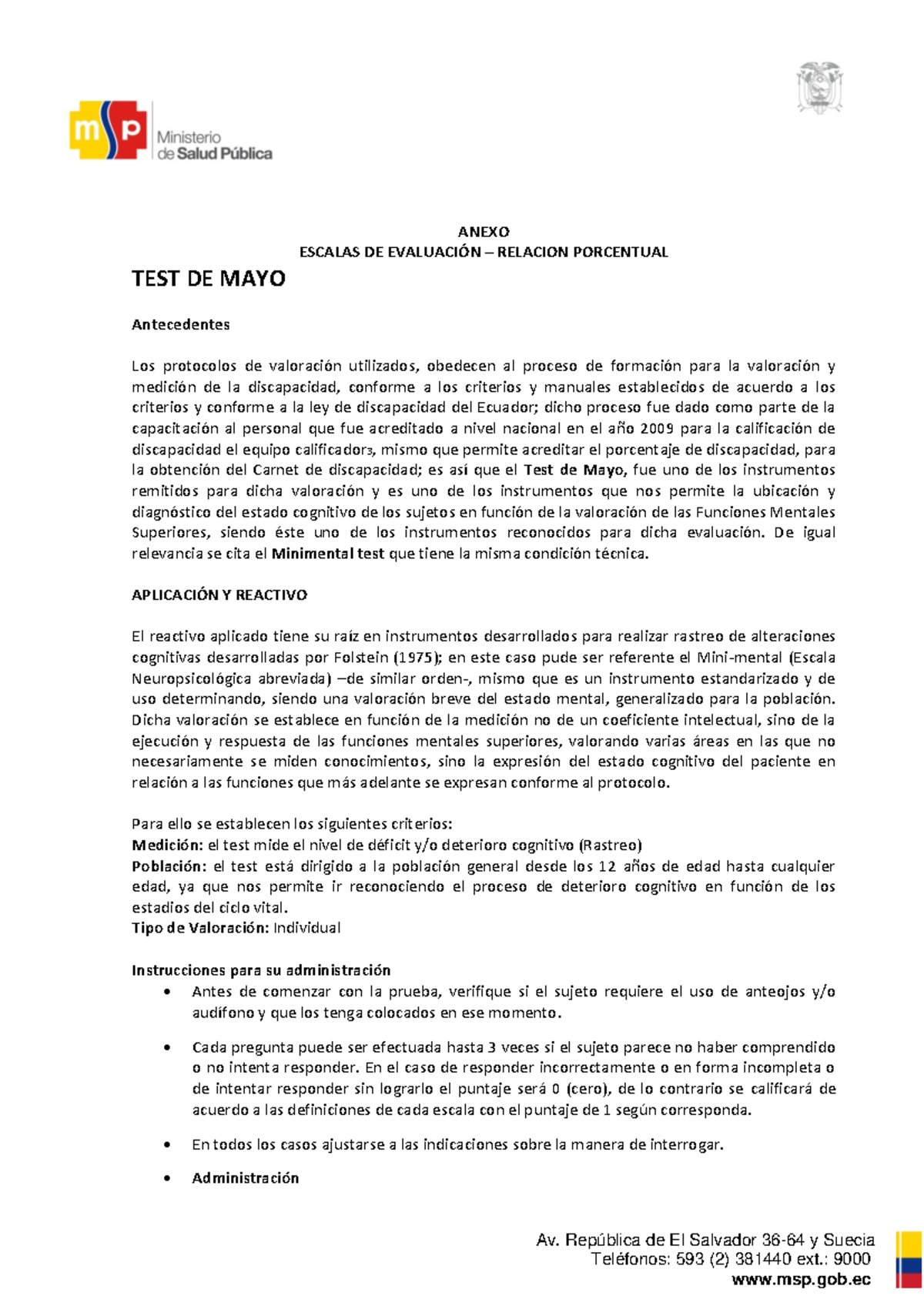 Test de Mayo - Evaluación de Discapacidad y Funciones Mentales - Studocu