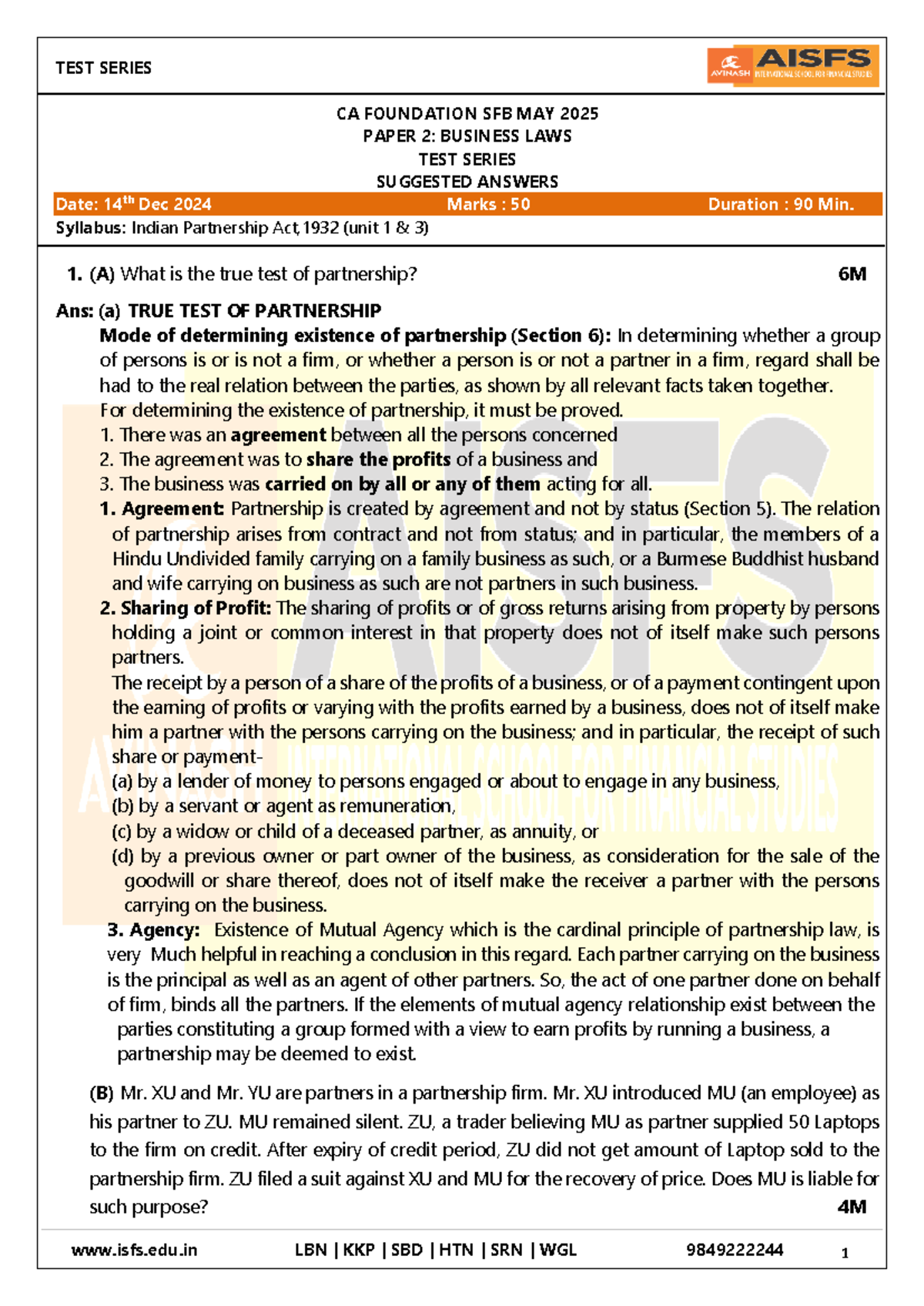 CA FND SFB MAY 2025 LAW TEST SERIES: BUSINESS LAWS ANSWERS - Studocu