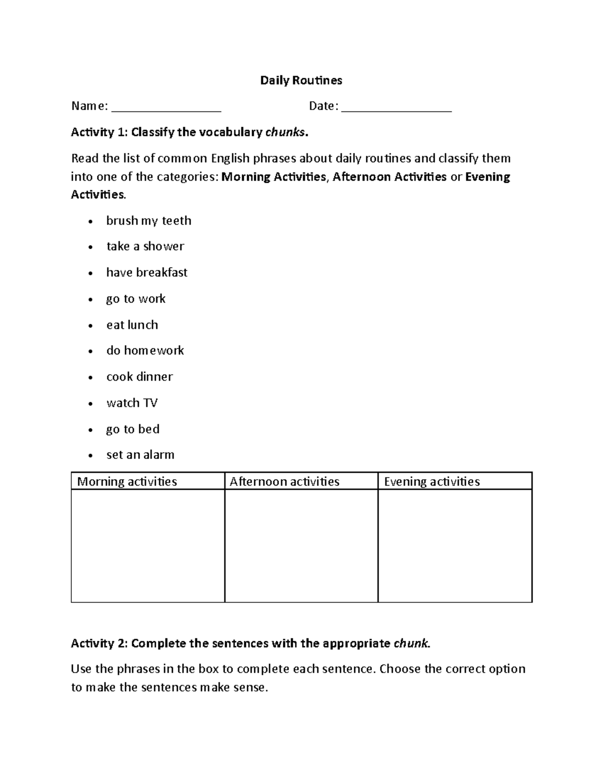 Daily Routines Worksheet: Classifying & Completing Activities - Studocu