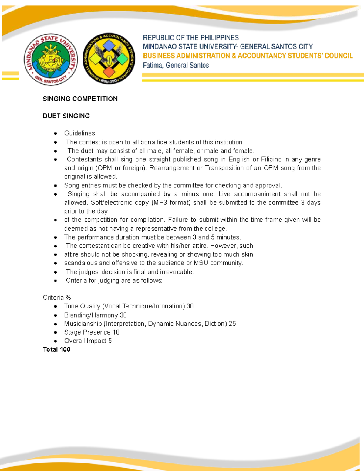 Duet Singing & Hip-Hop Dance Competition Guidelines - Studocu
