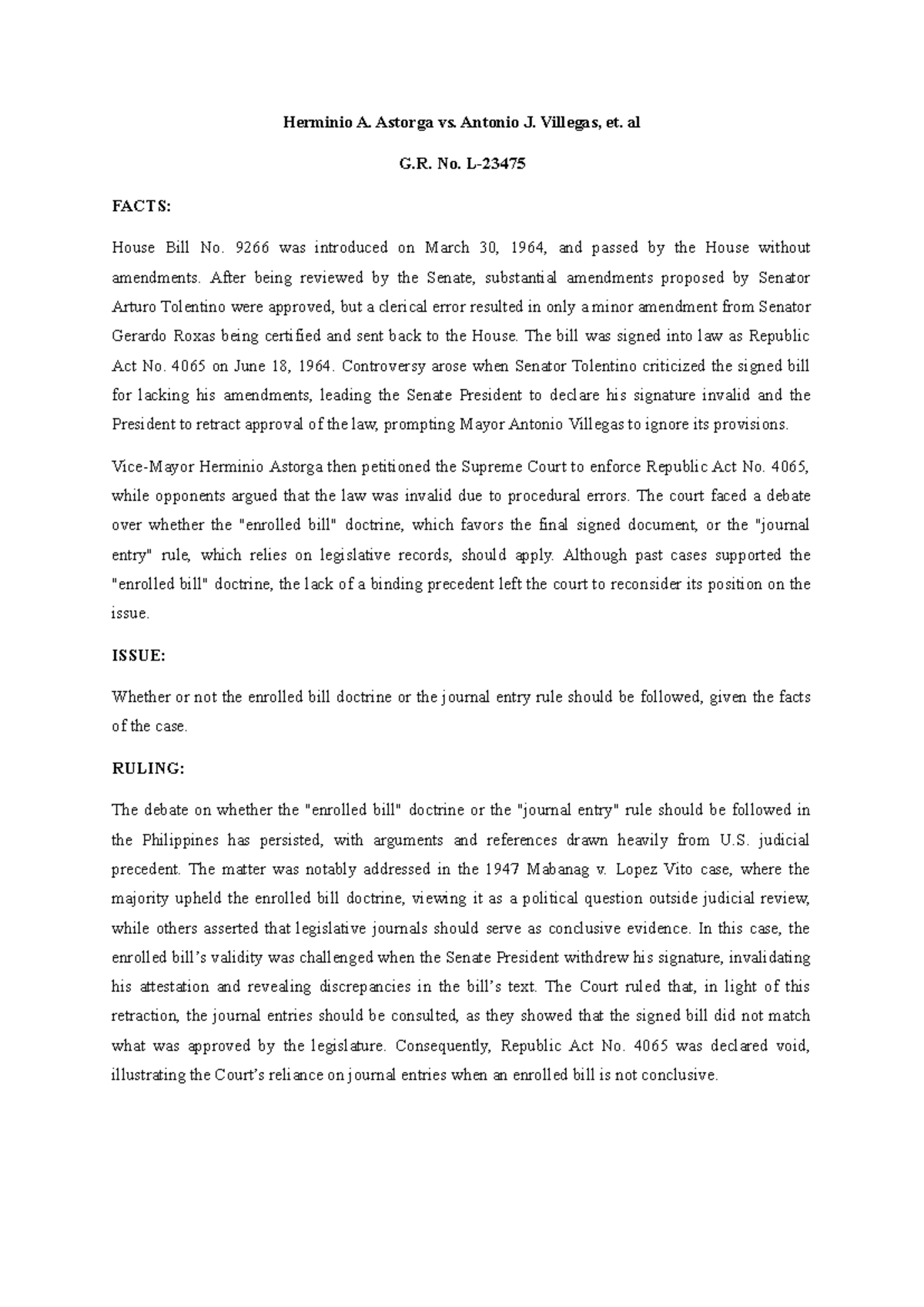 Astorga A. vs. Villegas: G.R. No. L-23475 Case Analysis - Studocu