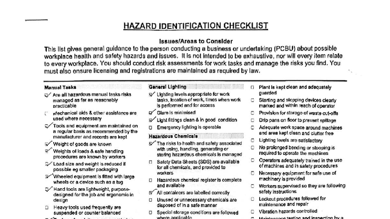 HAZARD IDENTIFICATION CHECKLIST (V3) for Workplace Safety - Studocu