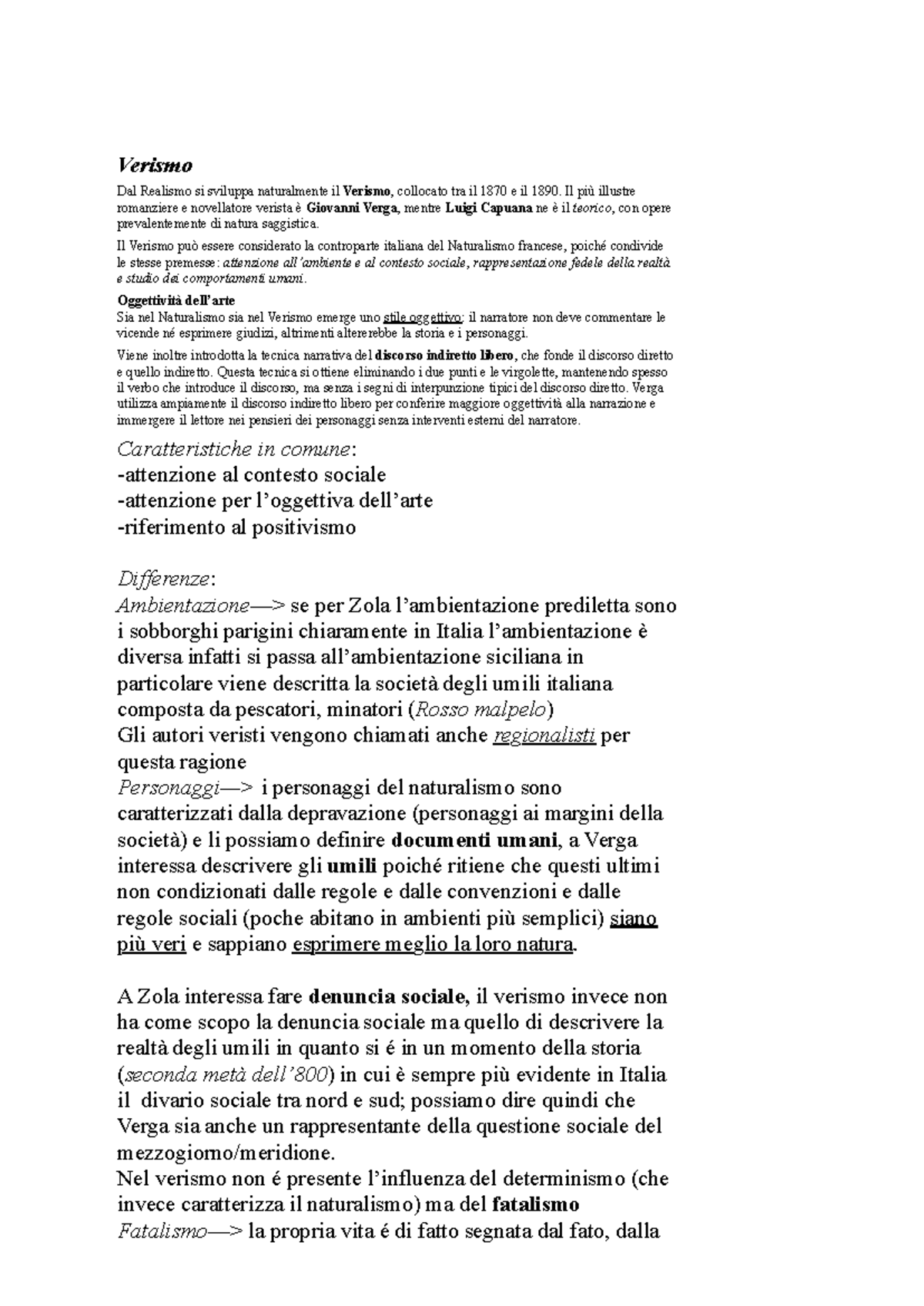 Verismo e Naturalismo: Analisi e Confronto (CORSO 123) - Studocu