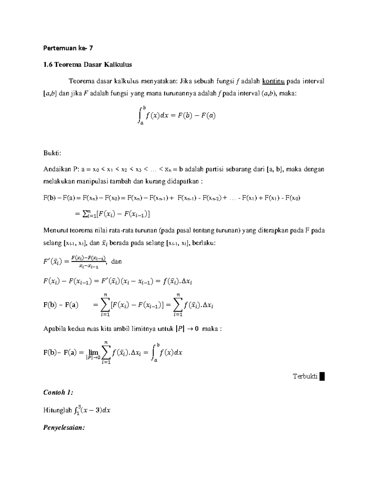 Materi teorema dasar kalkulus dan sifat integral - Pertemuan ke- 7 1 ...