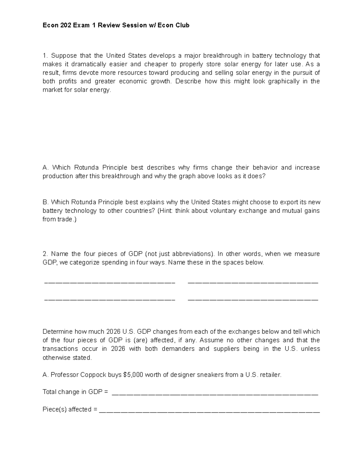 Econ 1 Exam 1 Review Session Worksheet: Key Concepts and GDP Analysis ...