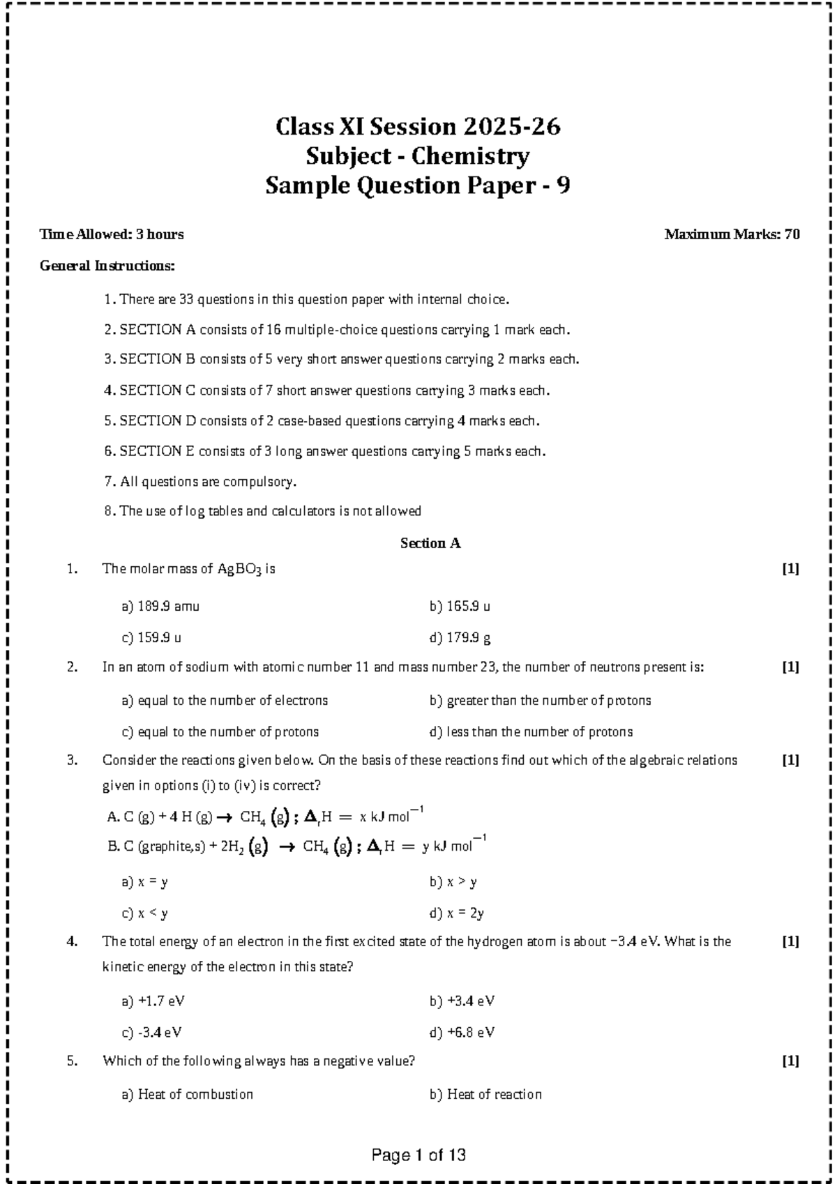 Class XI Chemistry Sample Question Paper 9 - 3 Hours, 70 Marks - Studocu