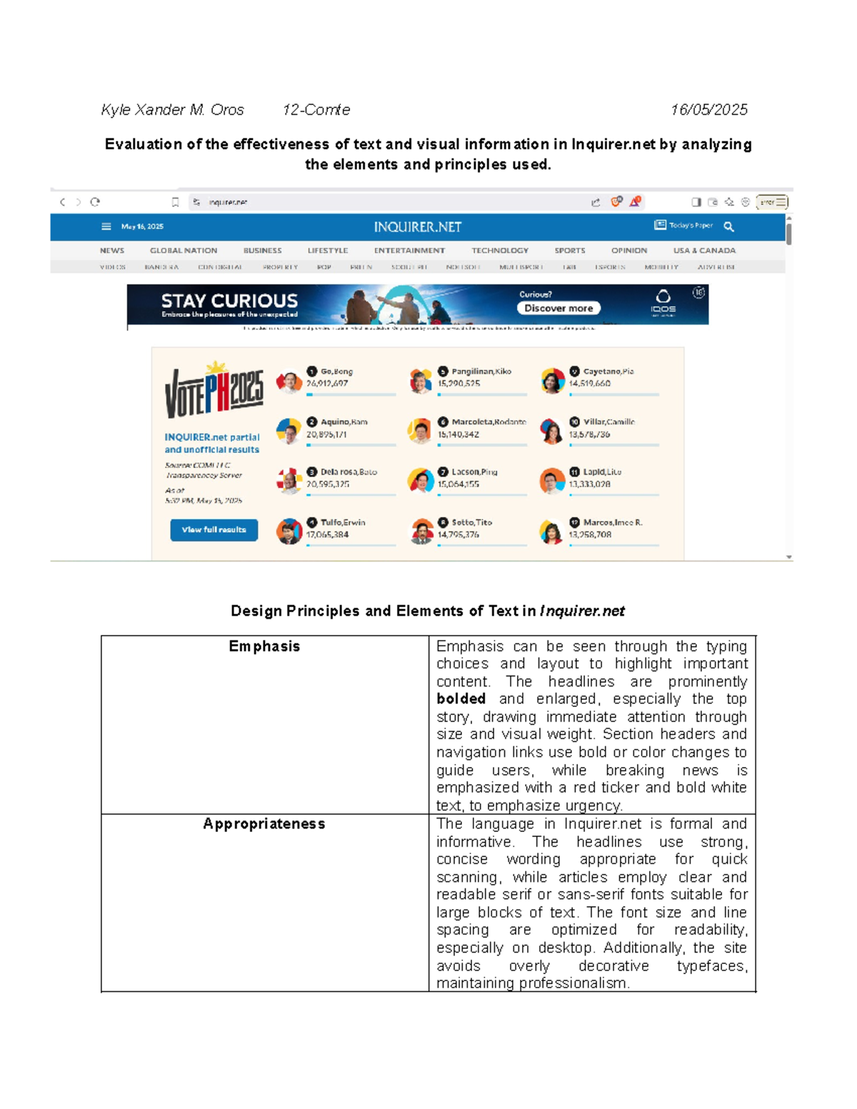 Evaluation of Text and Visual Design Principles in Inquirer.net (DES101 ...