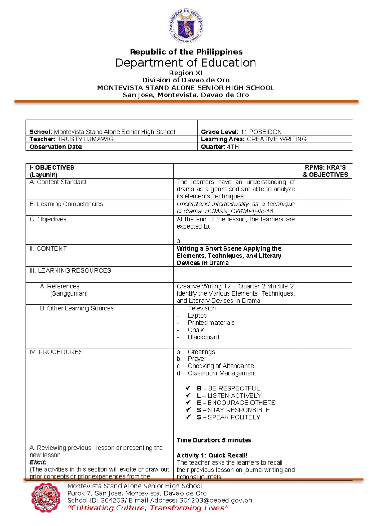 Lesson Plan for Creative Writing 12 (Quarter 4, Module 2) - Studocu