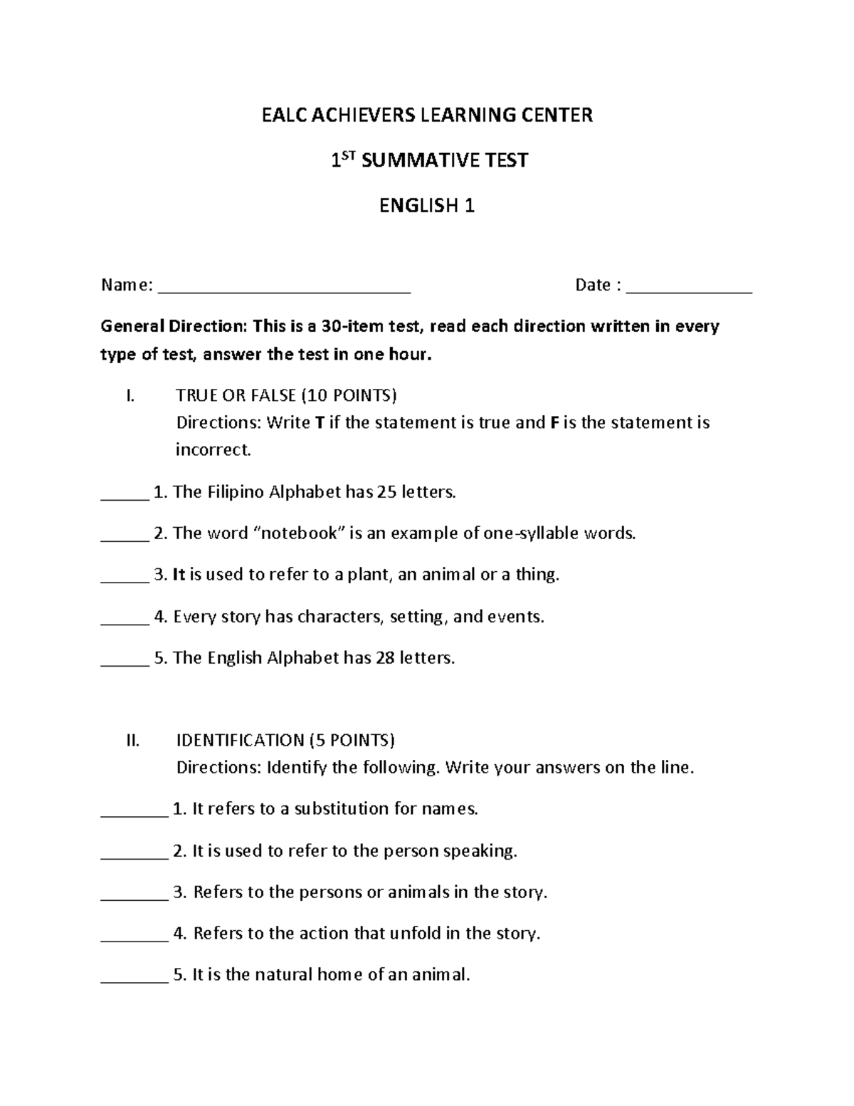 OCT7 ENG1 1ST Summative - EALC ACHIEVERS LEARNING CENTER 1 ST SUMMATIVE ...