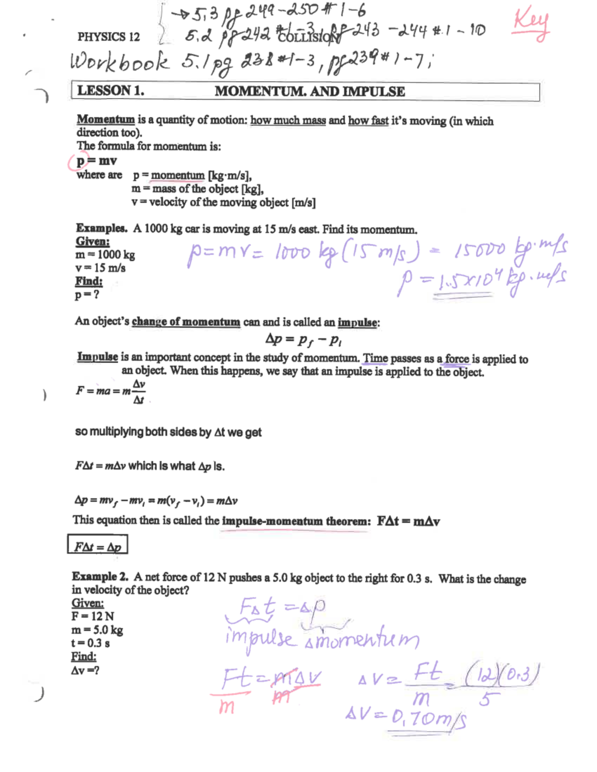 PHYSICS 12 COLLISION LESSON 1 & 2: MOMENTUM & IMPULSE KEY WORKBOOK ...